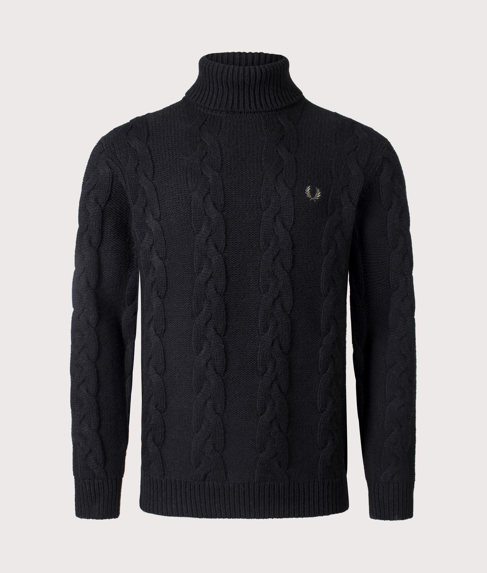 Regular Fit Chunky Cable Knit Roll Neck Jumper in Black | Fred Perry ...