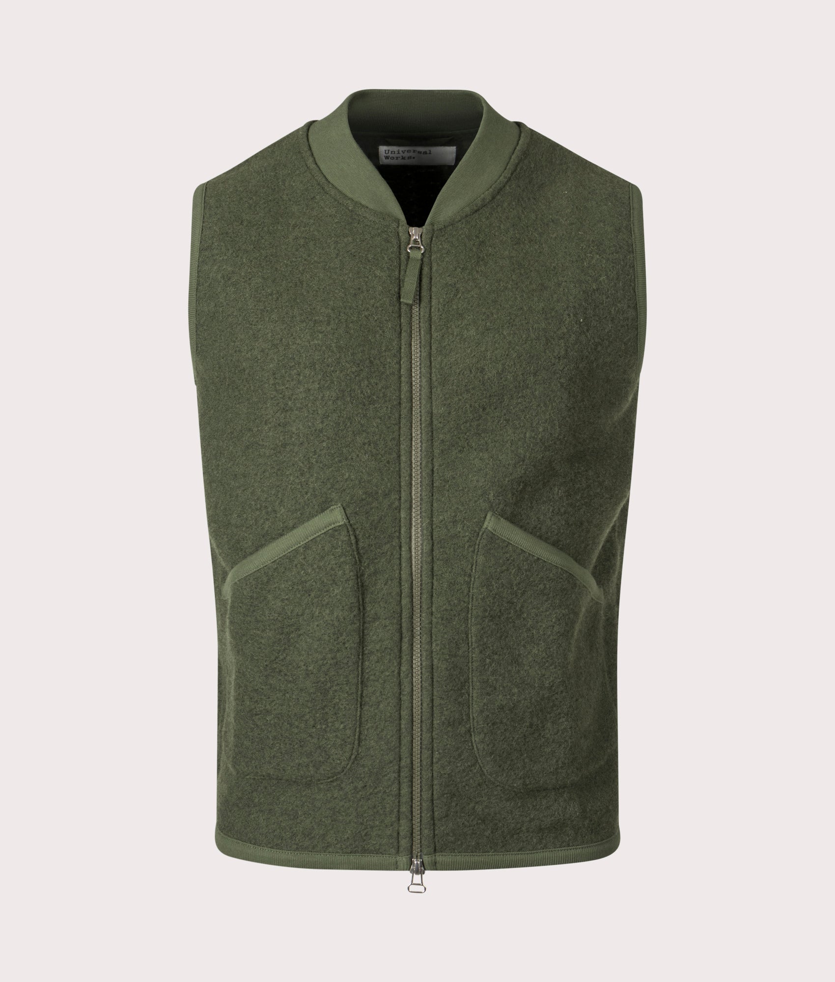 Universal Works Wool Fleece Zip Through Waistcoat in Olive | EQVVS